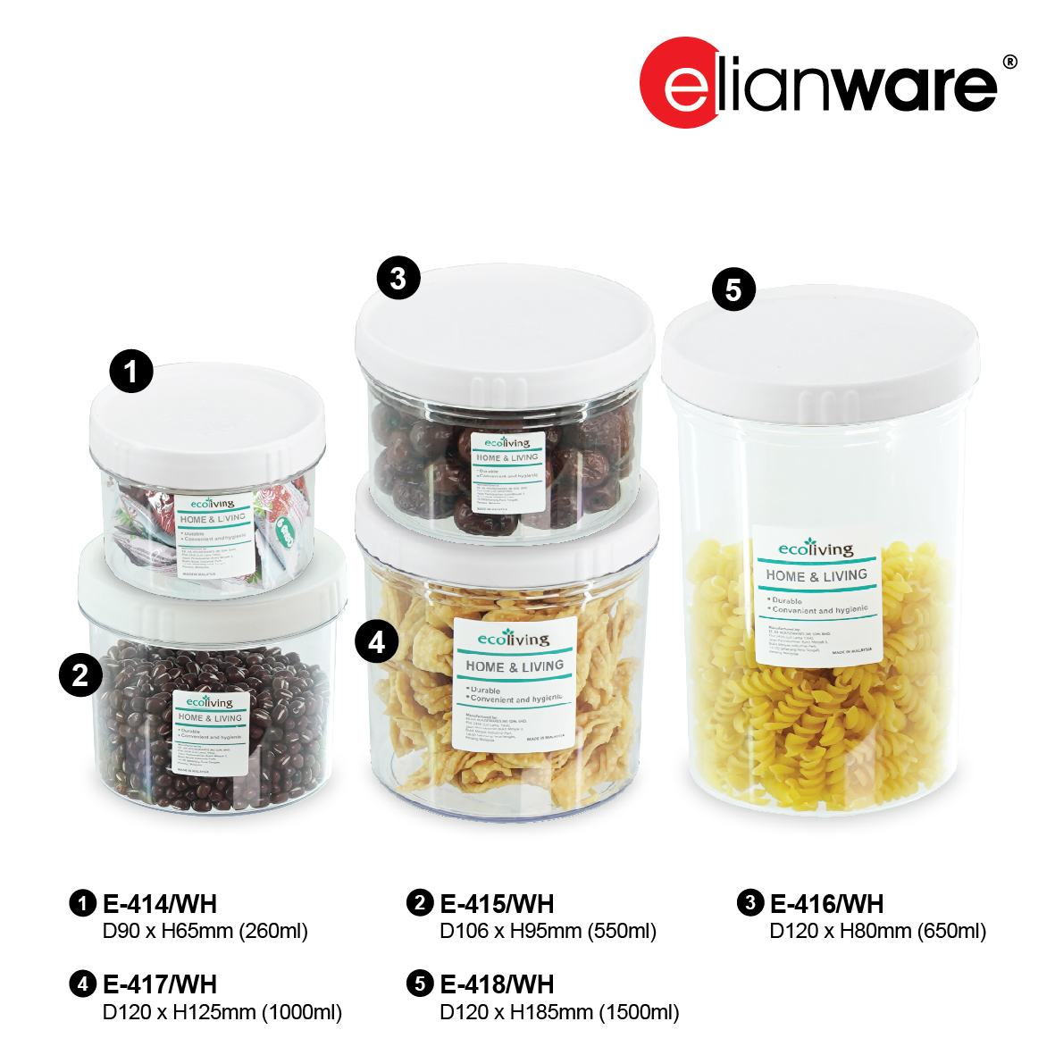ELIANWARE 260-1500ml Stackable Round Transparent Canister,Food Storage ...