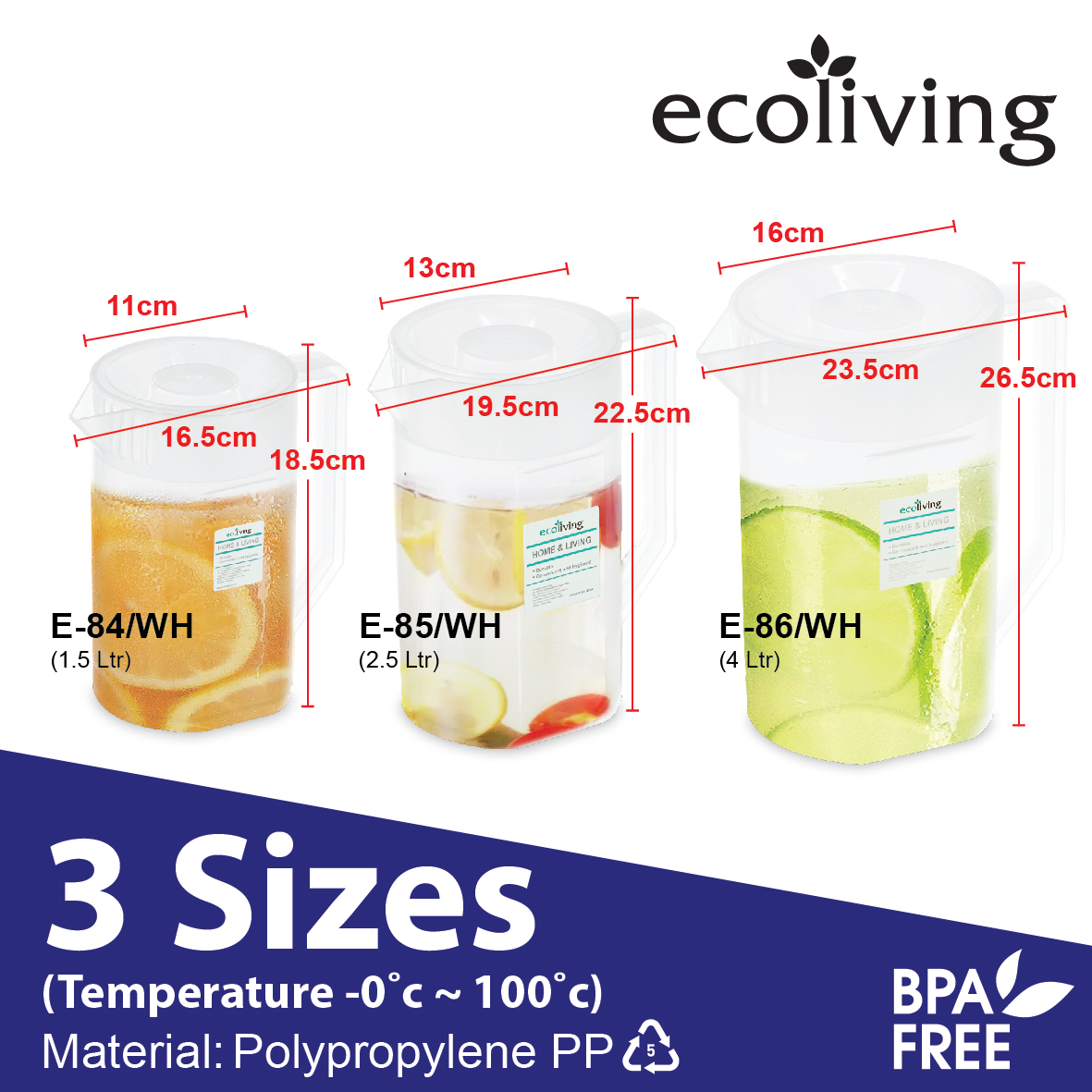 ECO LIVING 1.5/2.5/4Ltr Water Juice Jug Pitcher, Jug With Handle ...