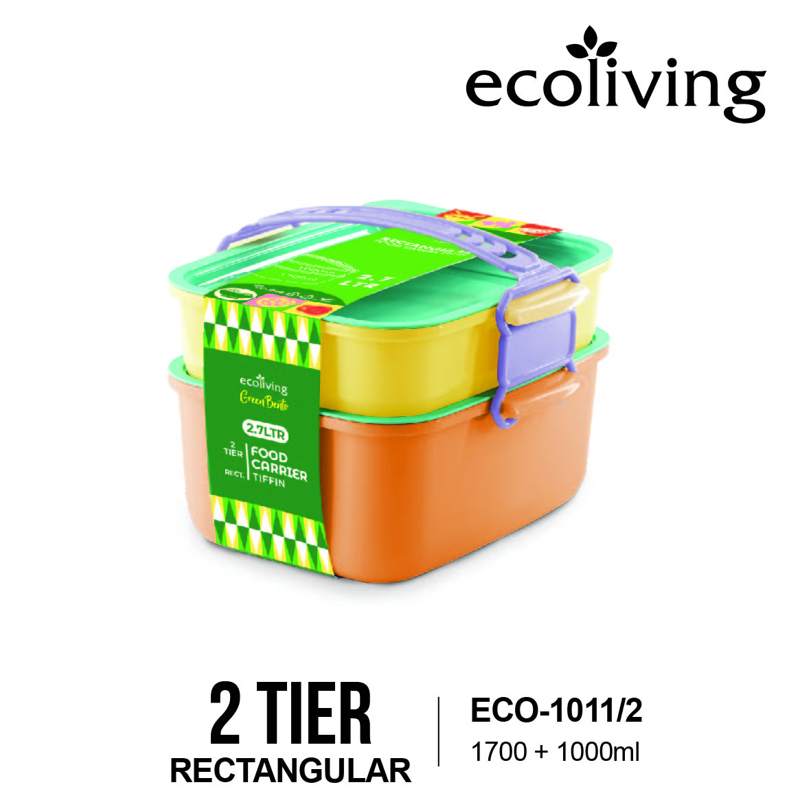 ECO LIVING 2/3 Tier Rectangular Bento Lunch Box Food Carrier, Bekas ...