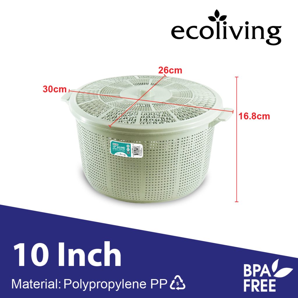 ECO LIVING 10Inch Round Drain Fruit Vege Basket W/Cover&Handle,Ventilation Design Colander Telur ...
