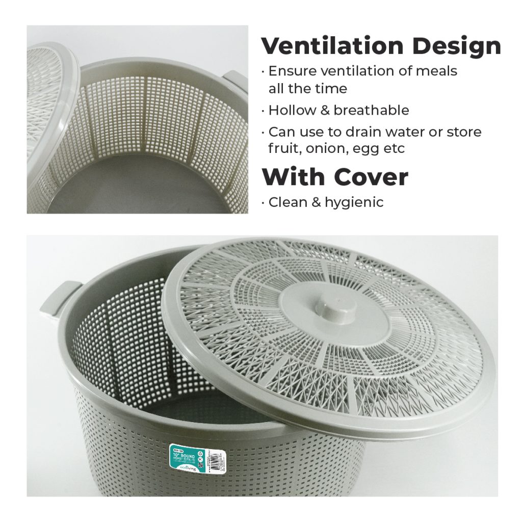 ECO LIVING 10Inch Round Drain Fruit Vege Basket W/Cover&Handle ...