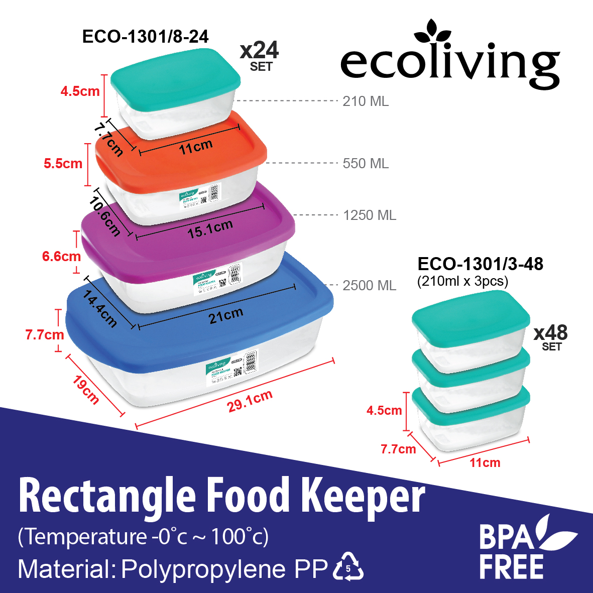 ECO LIVING CARTON DEAL 24Pcs/Pack 4In1 Rect. Stackable Food Keeper ...