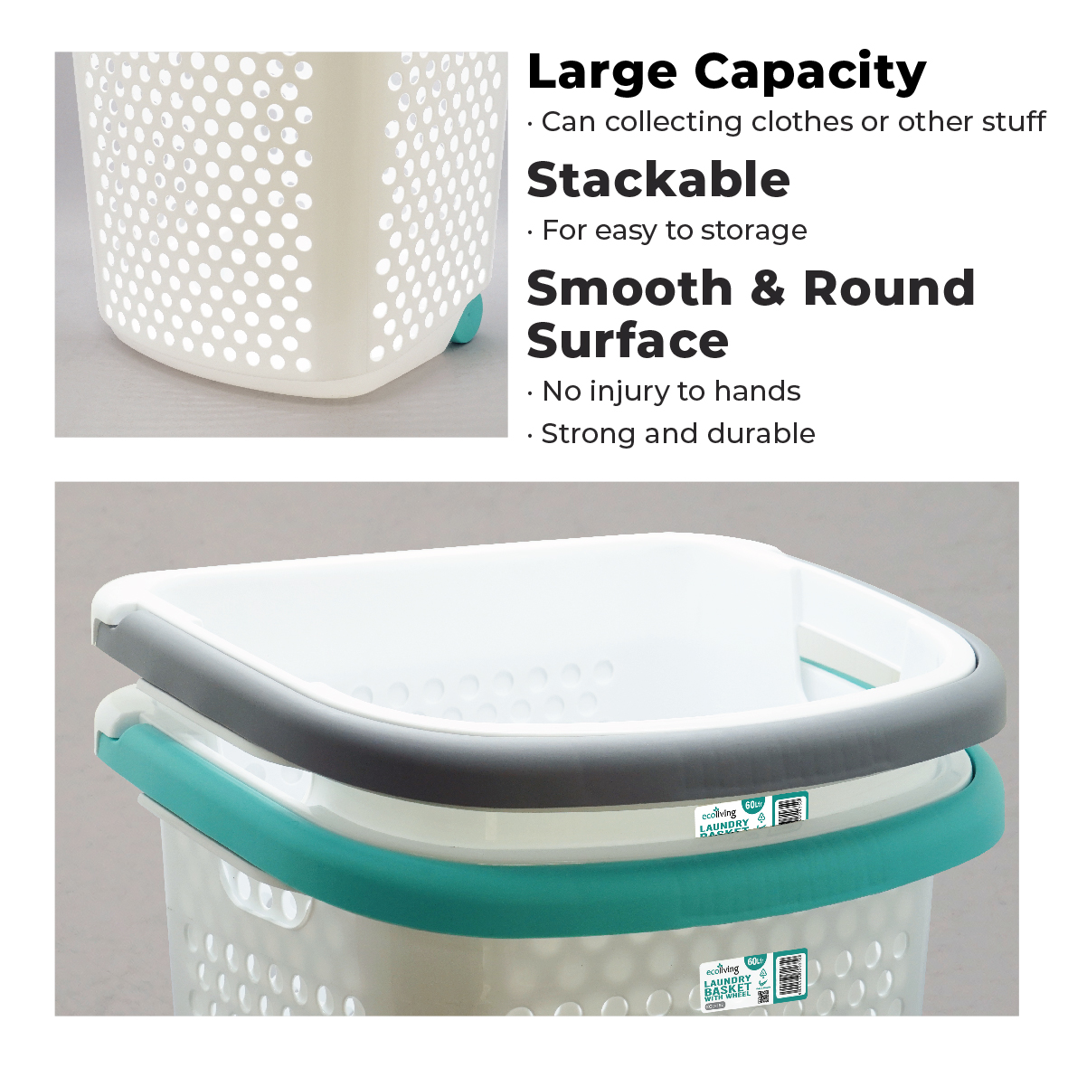 ECO LIVING 60Ltr Stackable Ventilation Design Laundry Basket W/2 Wheels ...