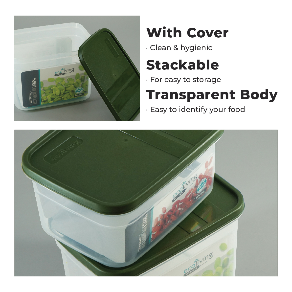 ECO LIVING 900ml/1.3/2.2LTR Rect.Airtight Freezer ECO Smart Keeper ...