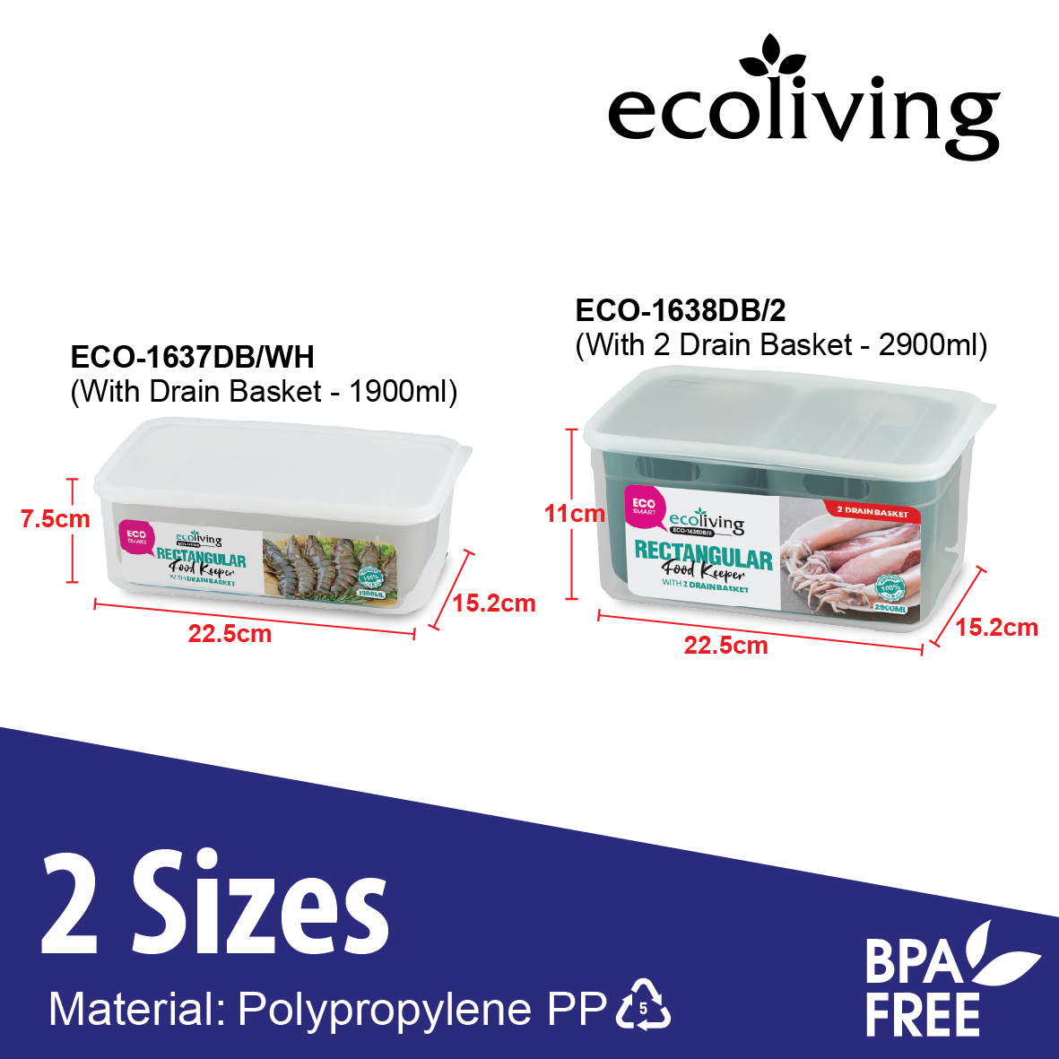 ECO LIVING 1.9/2.9LTR Rect.AirTight Freezer ECO Smart Keeper w/Drainer ...