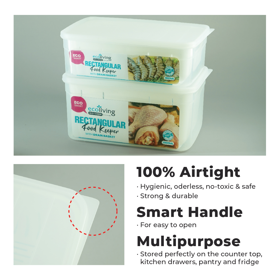 ECO LIVING 1.9/2.9LTR Rect.AirTight Freezer ECO Smart Keeper w/Drainer ...