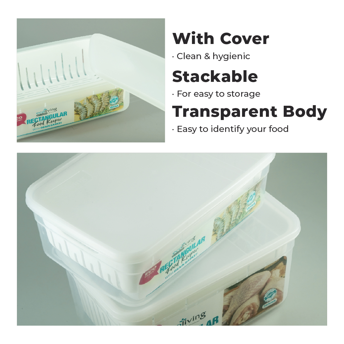 ECO LIVING 1.9/2.9LTR Rect.AirTight Freezer ECO Smart Keeper w/Drainer ...