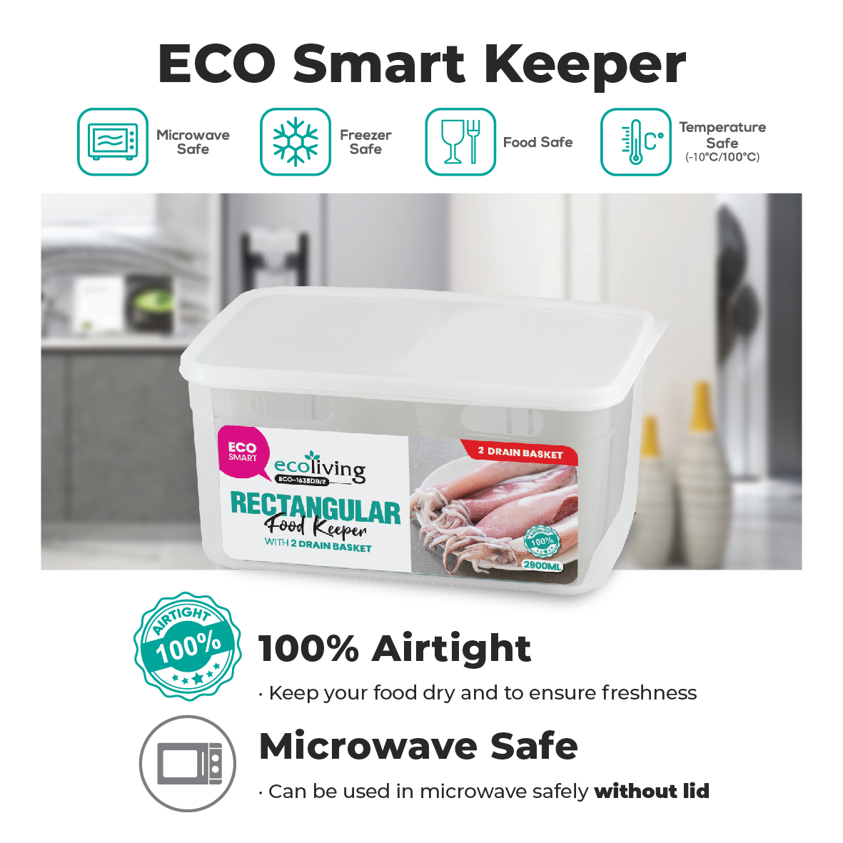 ECO LIVING 1.9/2.9LTR Rect.AirTight Freezer ECO Smart Keeper w/Drainer ...
