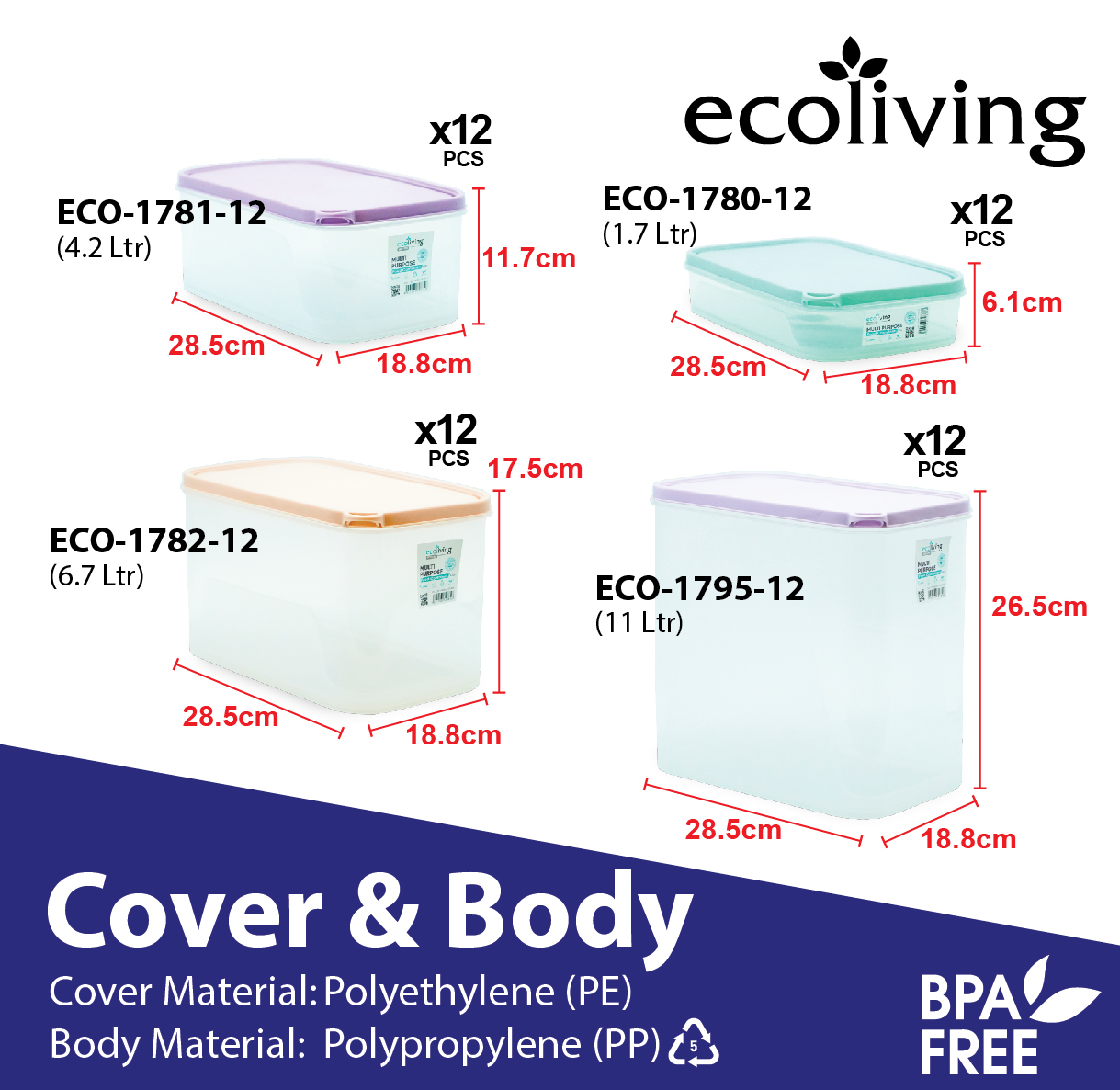 ECO LIVING CARTON DEAL 12Pcs/Pack 1.7/4.2/6.7/11Ltr Rect. Food ...