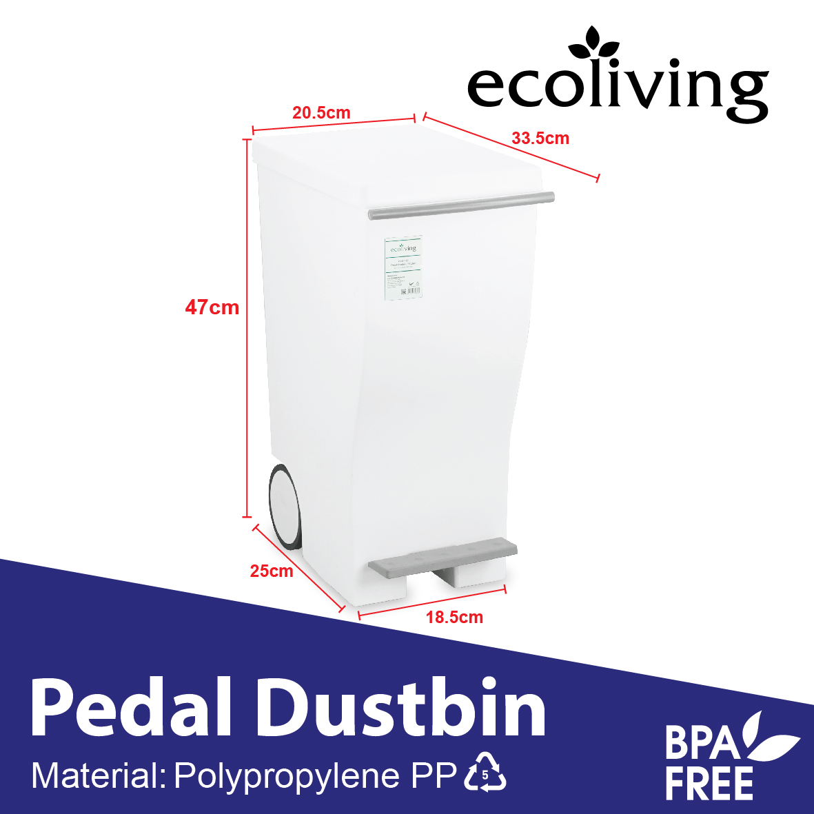 ECO LIVING 18Ltr Rect. Step Foot Pedal Space Save Rubbish Dustbin W/2 ...