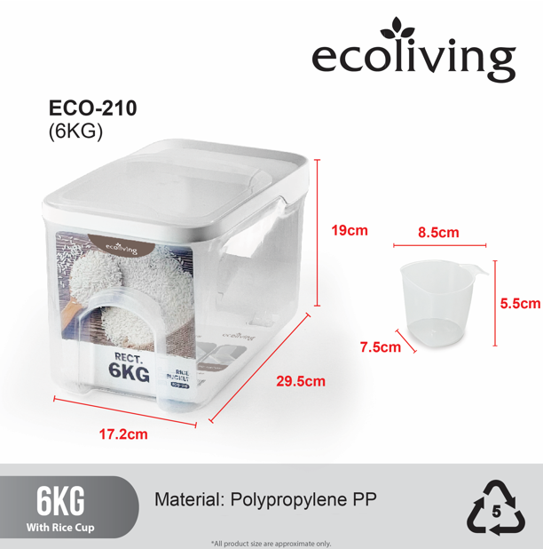 ECO LIVING 6KG Plastic Rice Bucket, Rice Storage Container, Bekas Beras ...