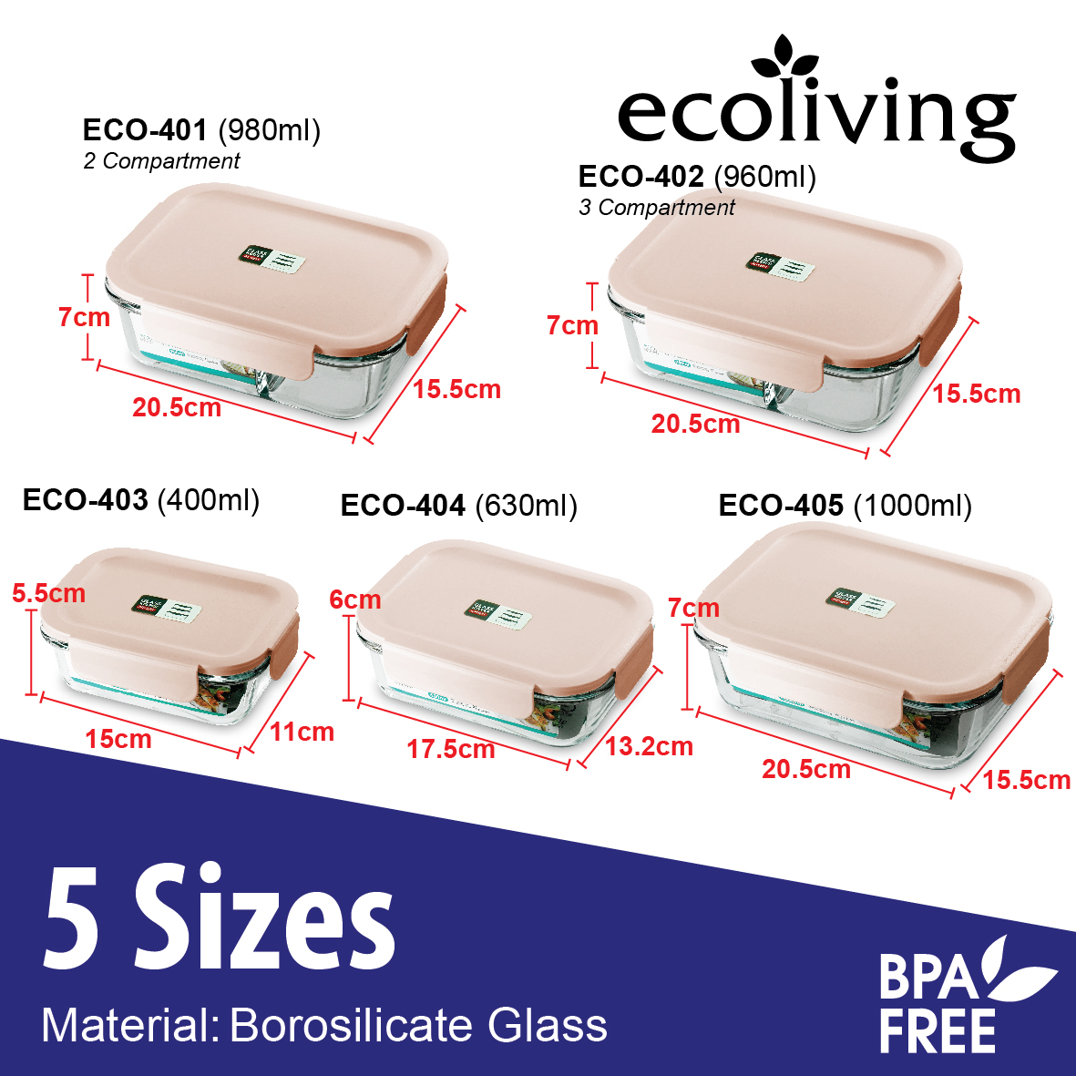 ECO LIVING 400-1000ml Rect. Airtight 4Side Glass Lock Food Container W/2,3 Compartment,Lunch ...