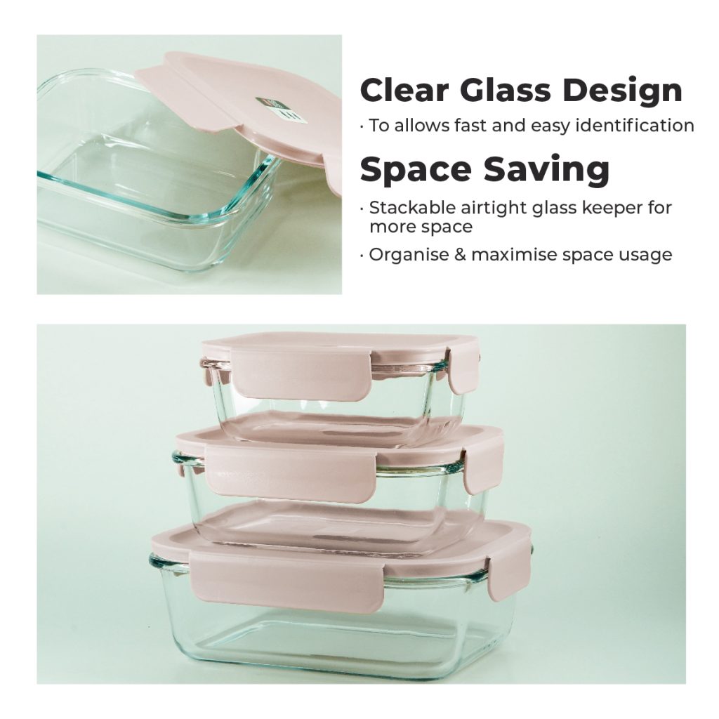 ECO LIVING 400-1000ml Rect. Airtight 4Side Glass Lock Food Container W ...