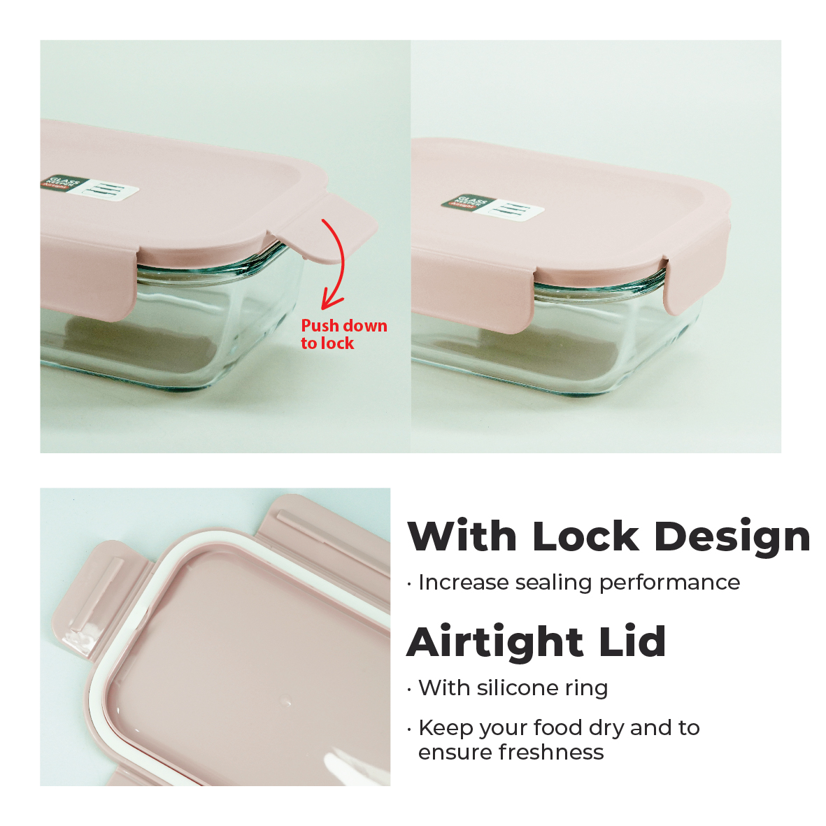 ECO LIVING 400-1000ml Rect. Airtight 4Side Glass Lock Food Container W ...