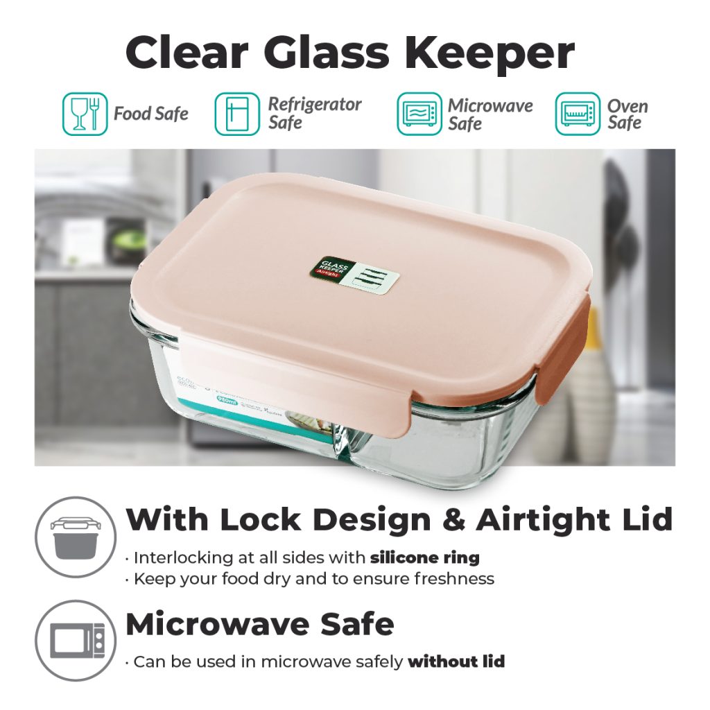 ECO LIVING 400-1000ml Rect. Airtight 4Side Glass Lock Food Container W ...