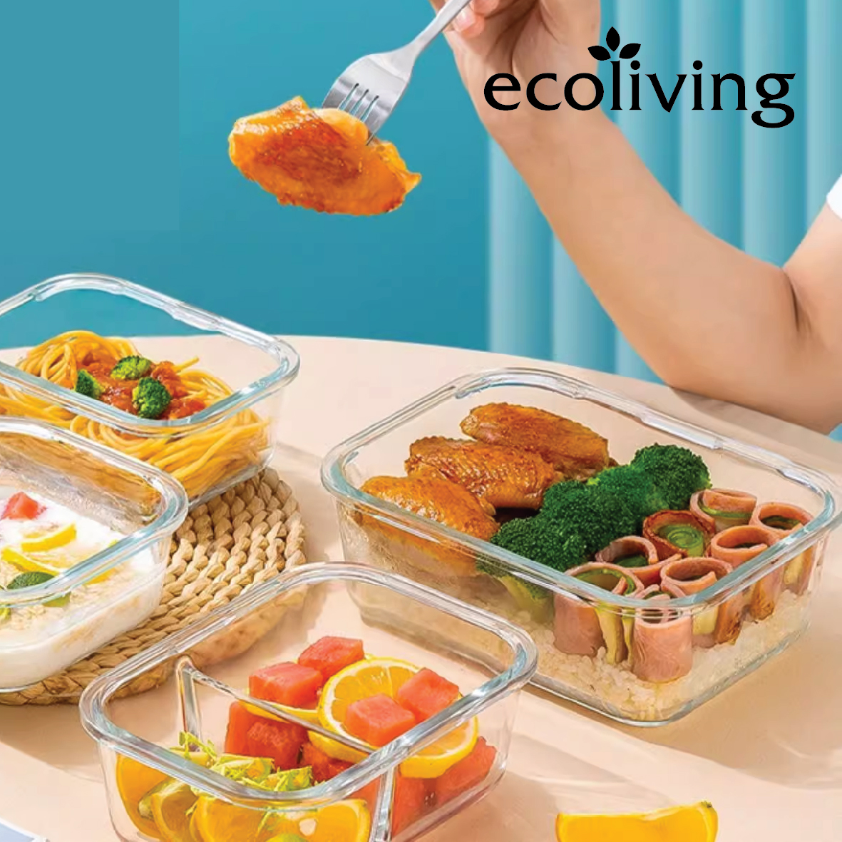 ECO LIVING 400-1000ml Rect. Airtight 4Side Glass Lock Food Container W/2,3 Compartment,Lunch ...