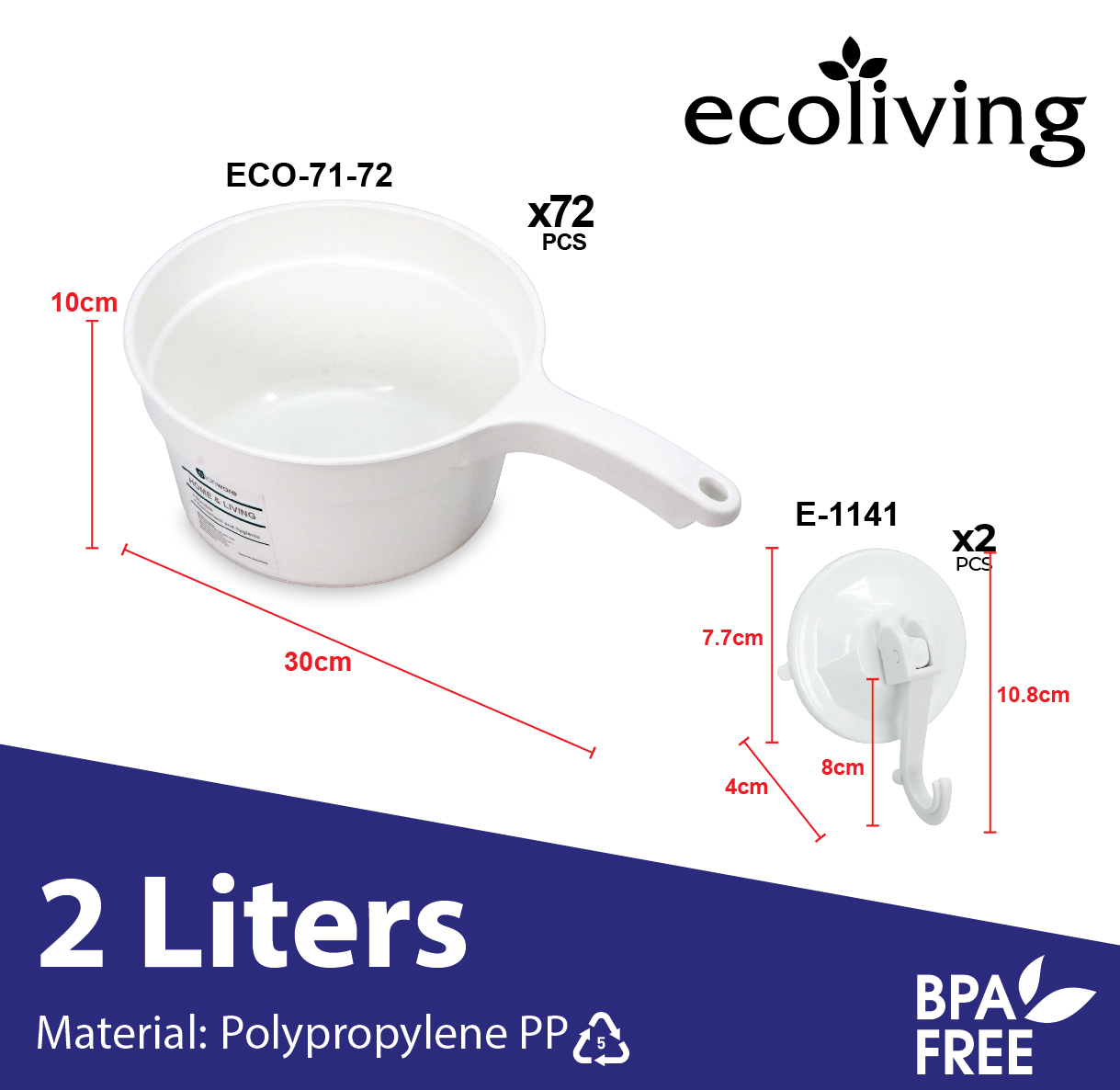 ECO LIVING CARTON DEAL 72Pcs/Ctn 2Ltrs Bathroom White/Transparent Water ...