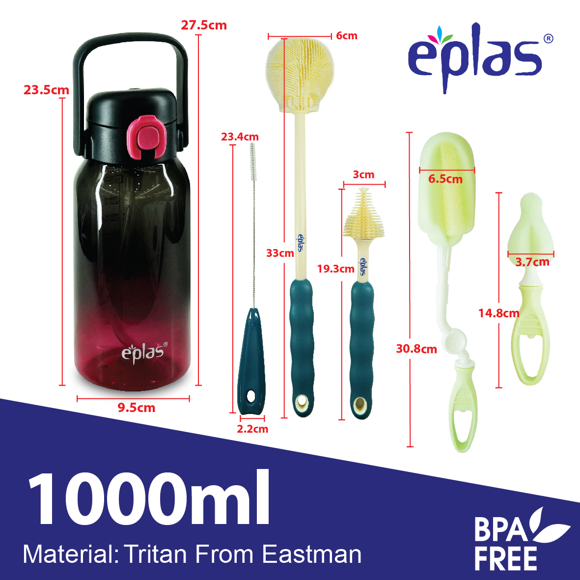 EPLAS MODERN 1000ml One Touch Multicolour Water Bottle W/Spring Buffer ...