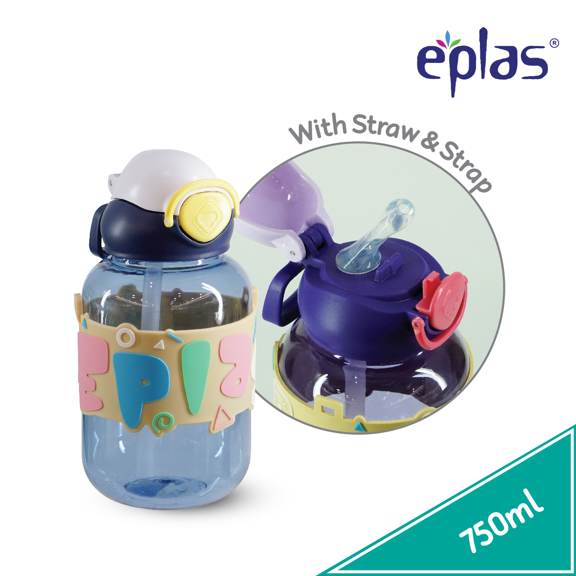 EPLAS KIDS 750ml Water Bottle W/Silicone Straw&Strap&Handle,Push Button ...