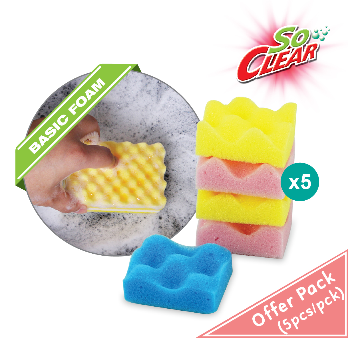 SO CLEAR BASIC 5,9Pcs/Pack Non-Scratch Dishwash Sponge, Multi-Purpose ...