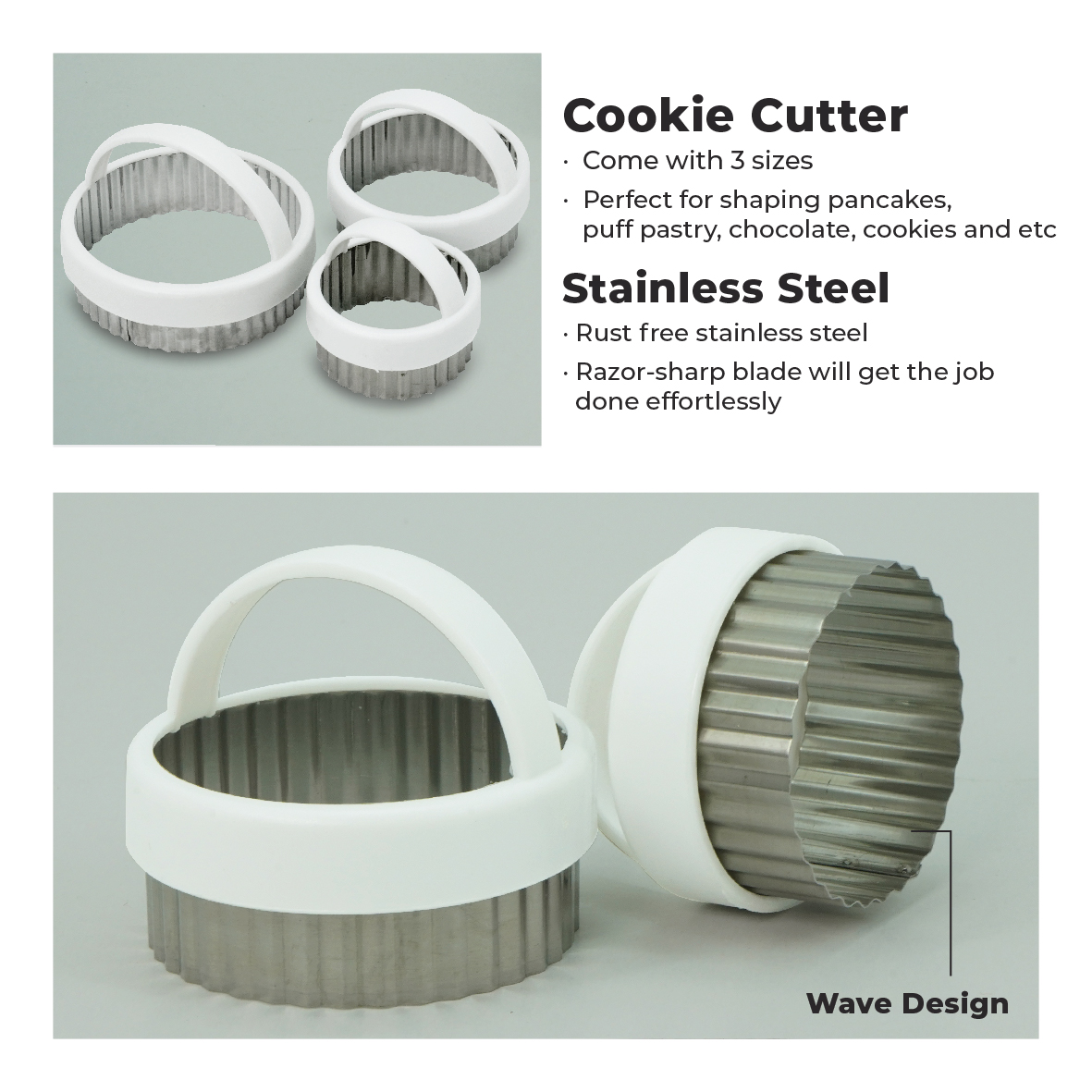 HOME PERFECT 3Pcs/Pack S/S Stackable Round/Wave Flated Edge Cookies ...